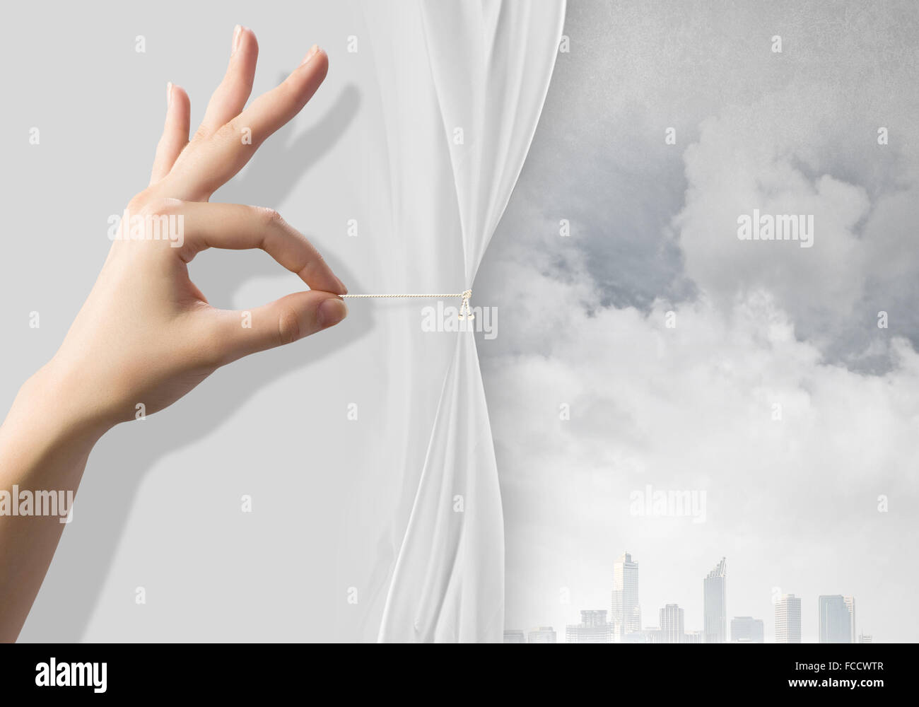 Close up of hand opening the white curtain Stock Photo - Alamy