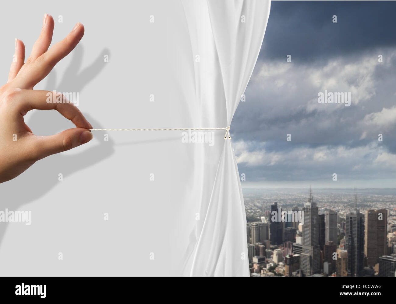 Close up of hand opening the white curtain Stock Photo - Alamy