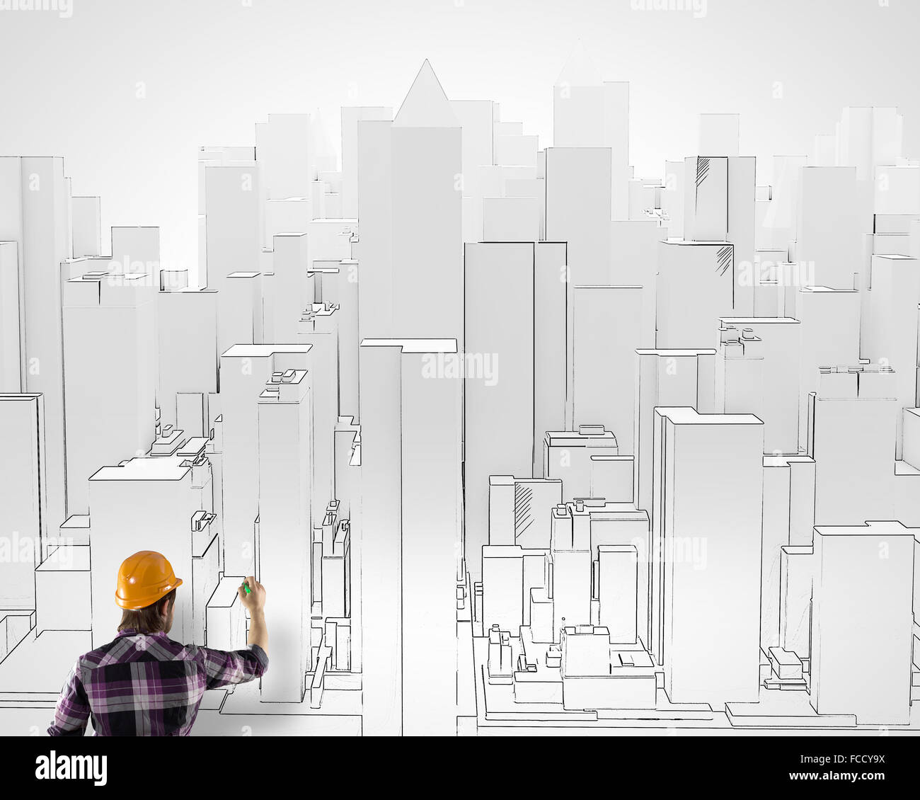 Back view of man engineer drawing buildings Stock Photo - Alamy