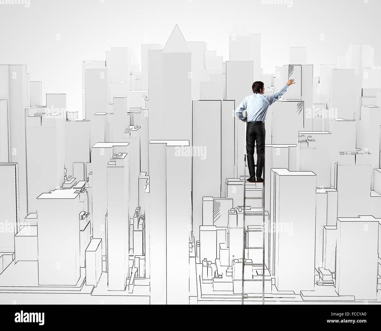 Back view of businessman standing on ladder and drawing buildings Stock ...