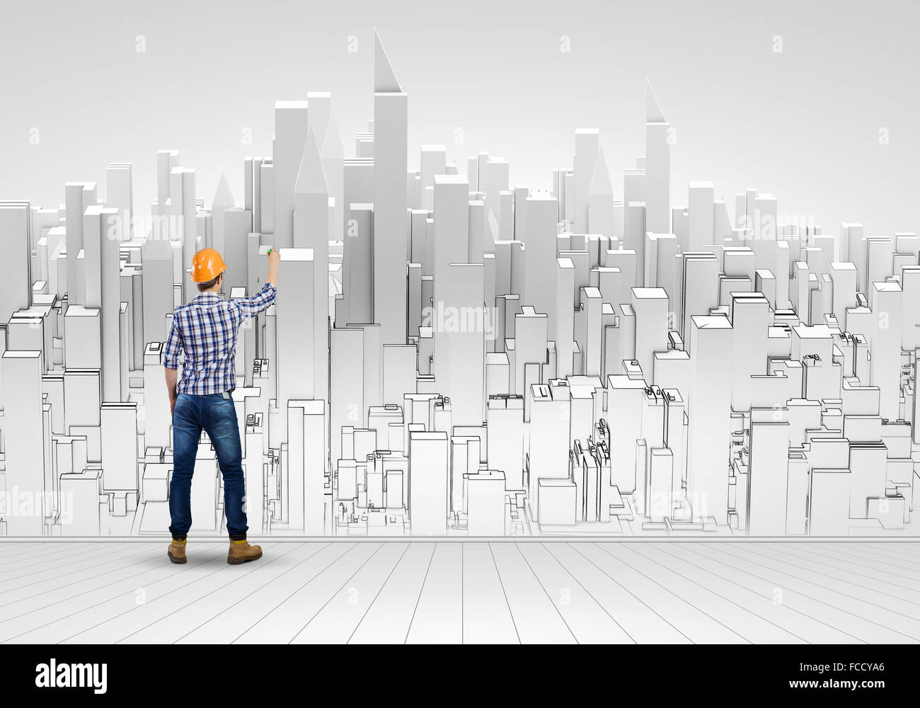 Back view of man engineer drawing buildings Stock Photo - Alamy