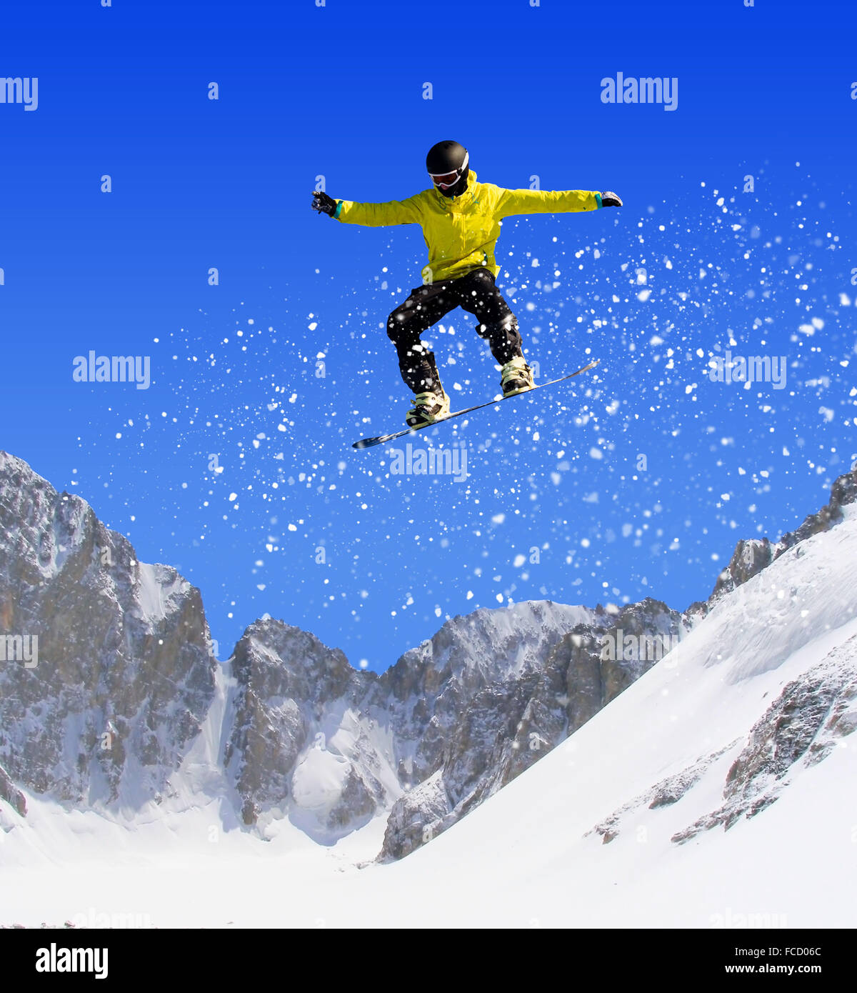 Snowboarder making jump high in clear sky Stock Photo - Alamy