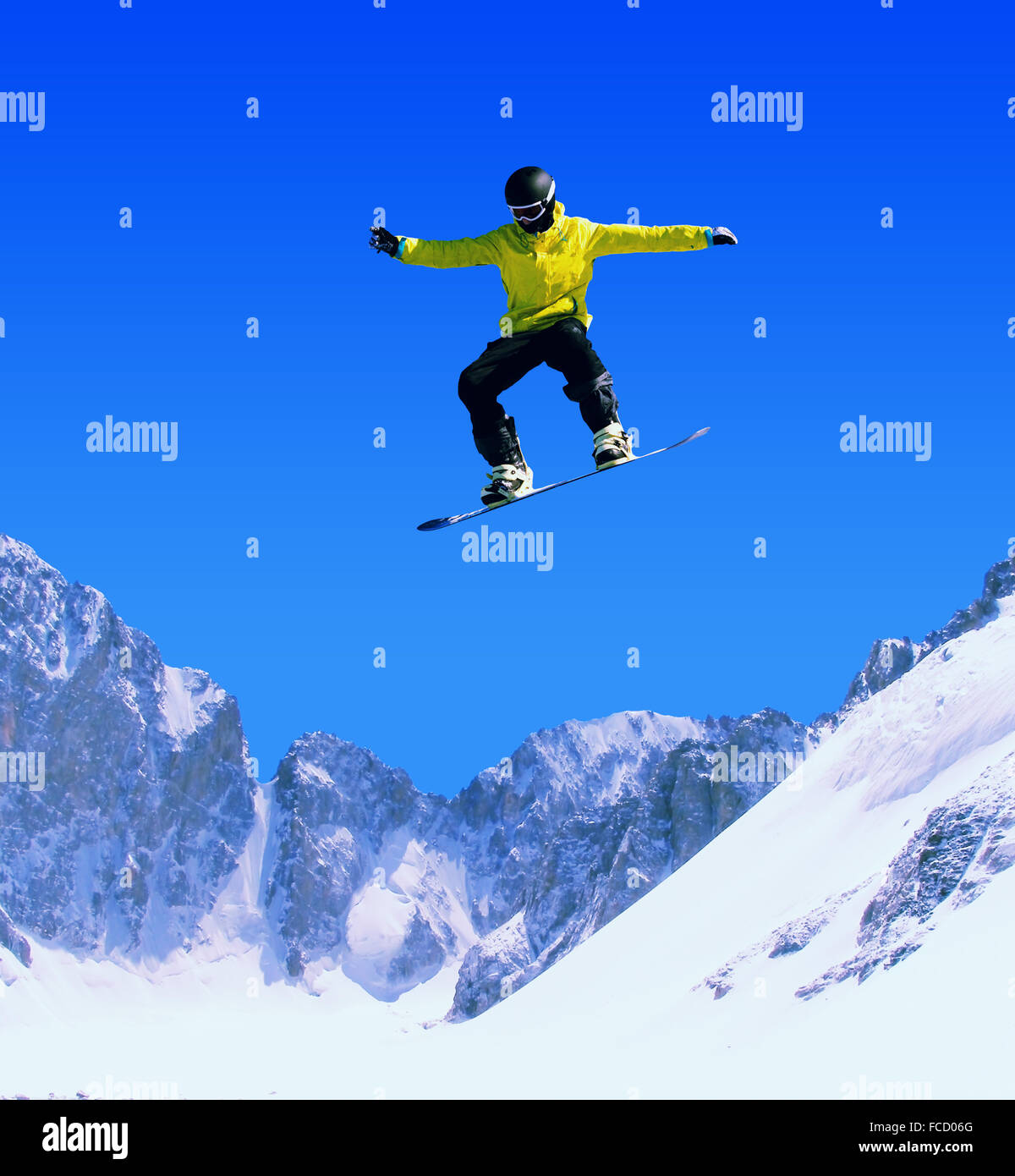 Snowboarder making jump high in clear sky Stock Photo - Alamy