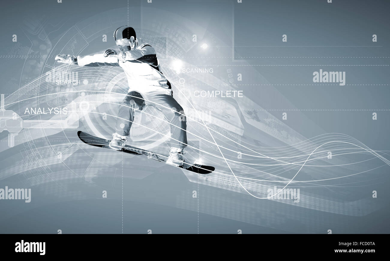 Male snowboarder making jump against media background Stock Photo - Alamy