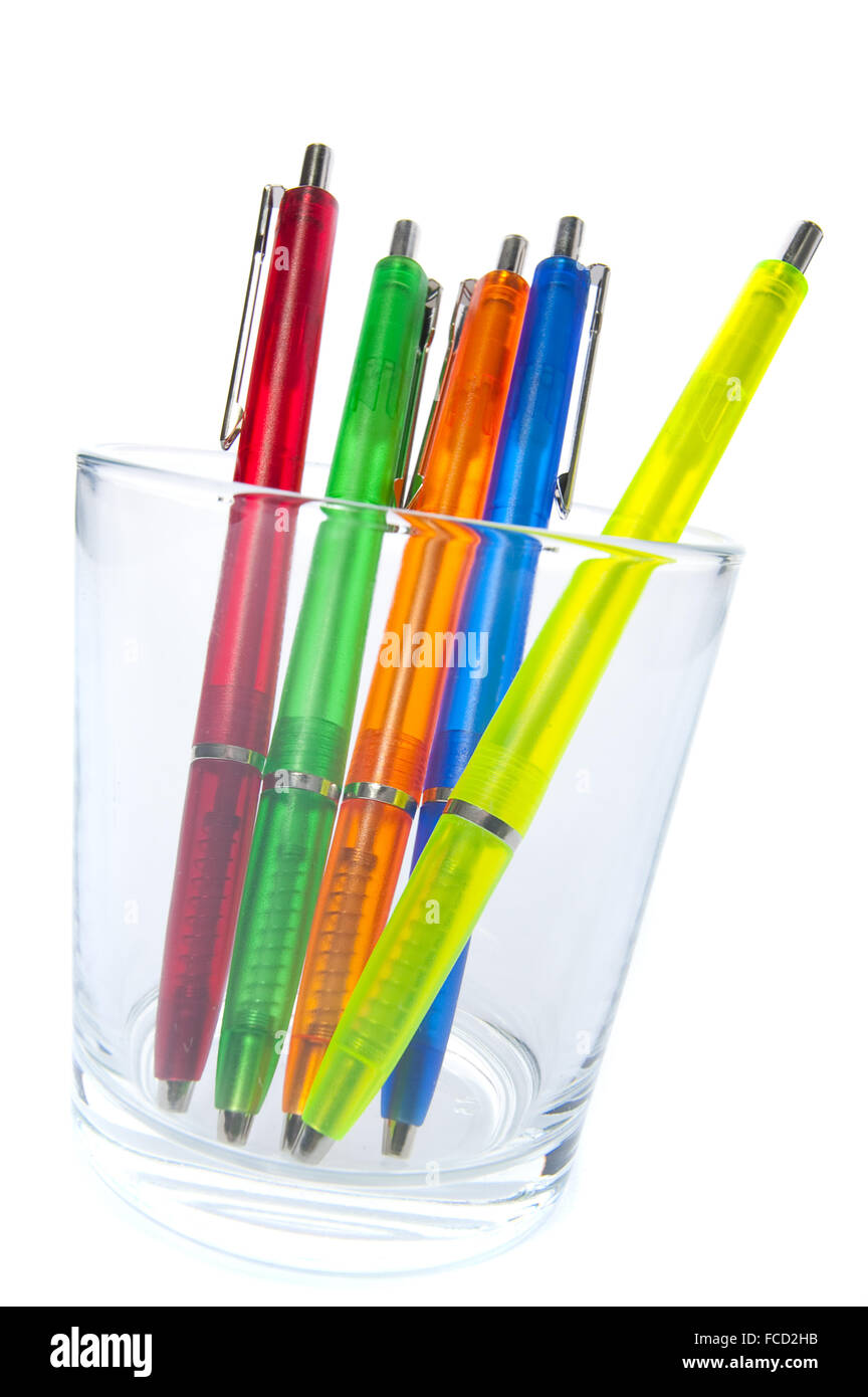 Multi-colored pens in a glass Stock Photo - Alamy
