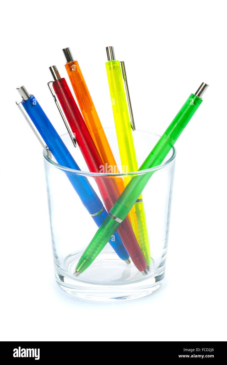 Multi-colored pens in a glass Stock Photo - Alamy