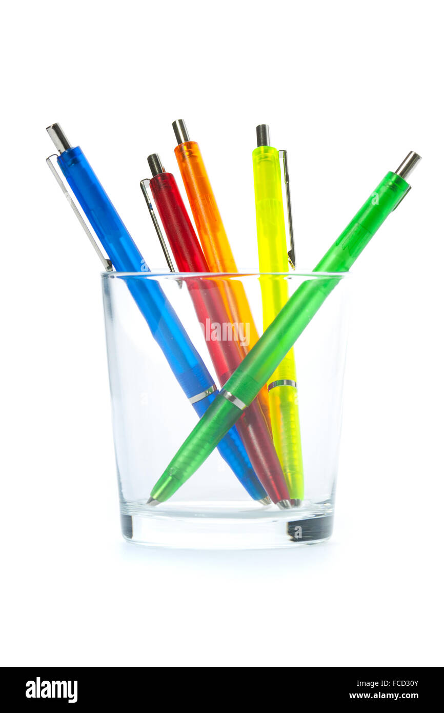 Multi-colored pens in a glass Stock Photo - Alamy