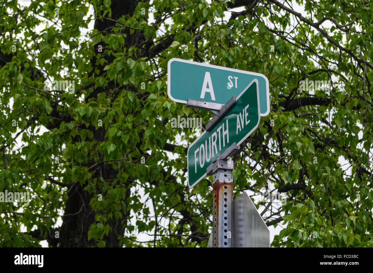 Signpost at the intersection of A Street and Fourth Avenue in a town in ...