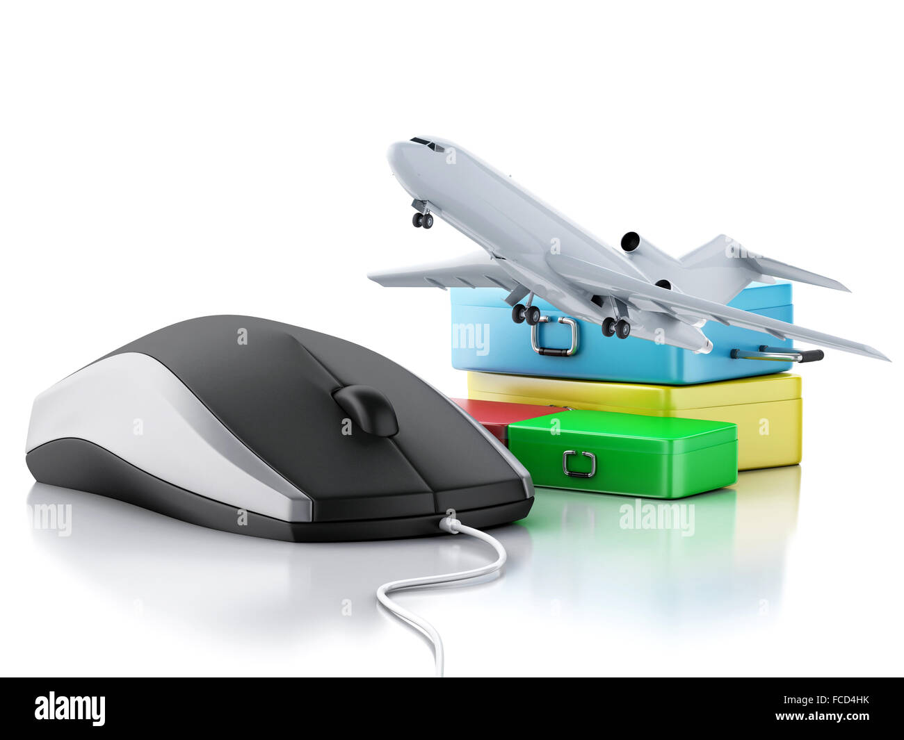 3d illustration. Airplane, travel suitcase and computer mouse. Online ...
