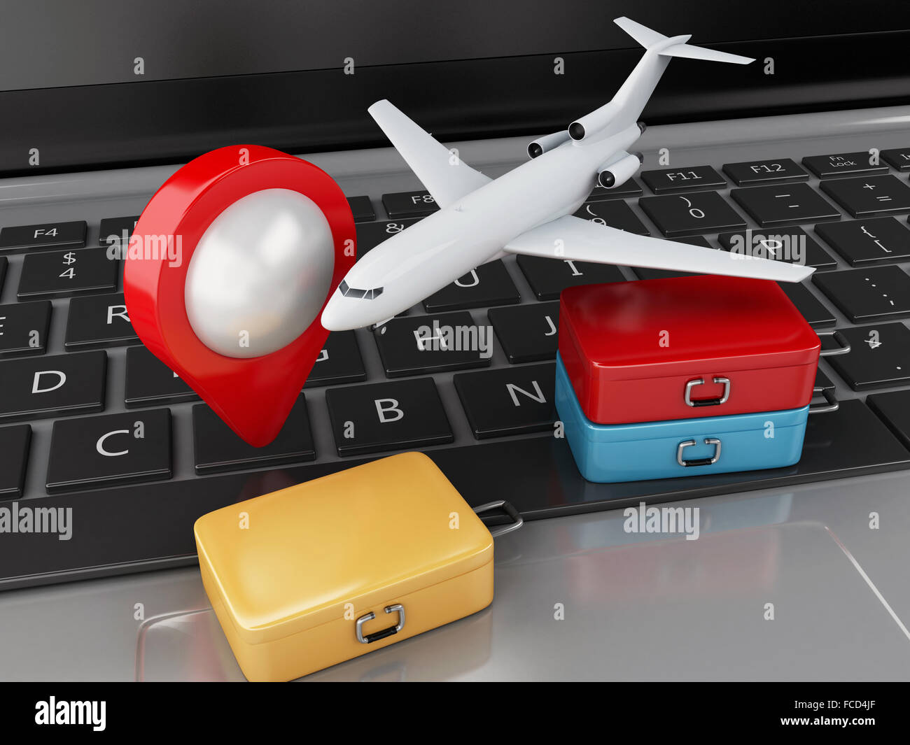 3d renderer illustration. Travel suitcase and airplane on computer ...