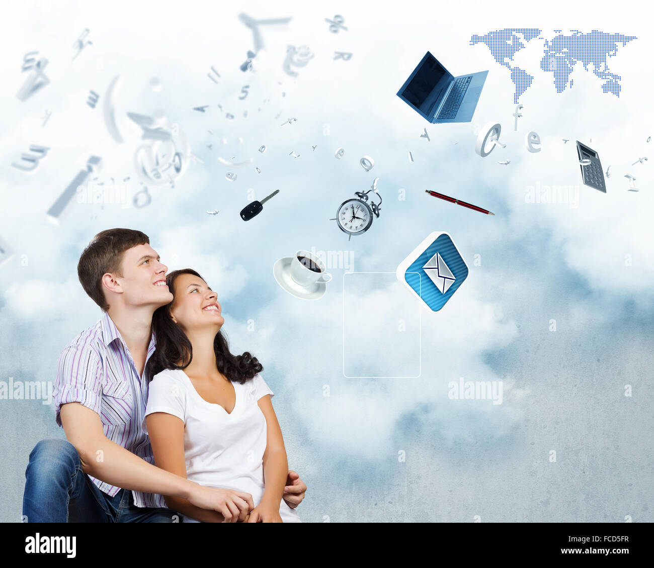 Young couple hugging each other and dreaming about future Stock Photo ...