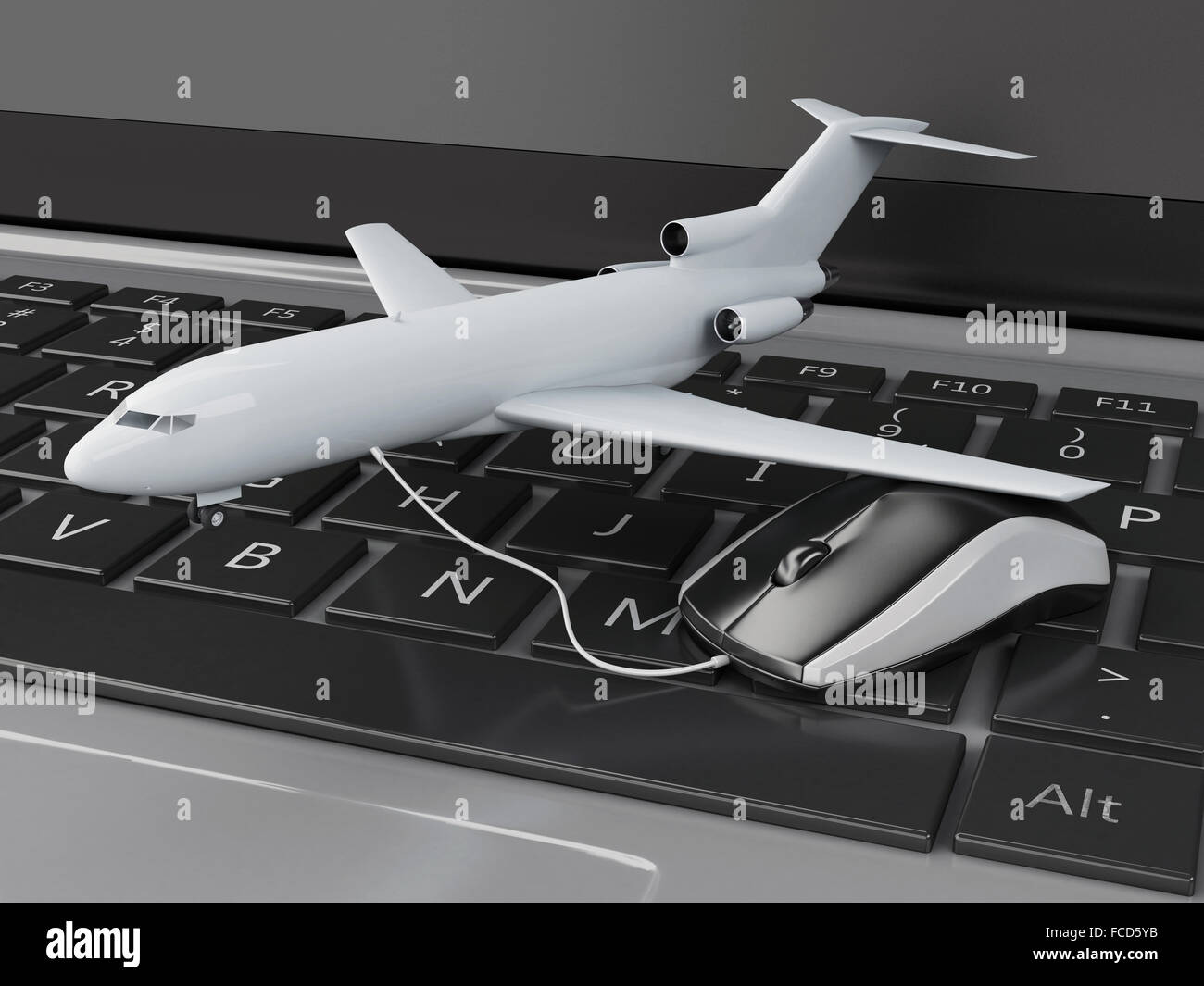 3d illustration. Airplane and computer mouse on computer keyboard ...