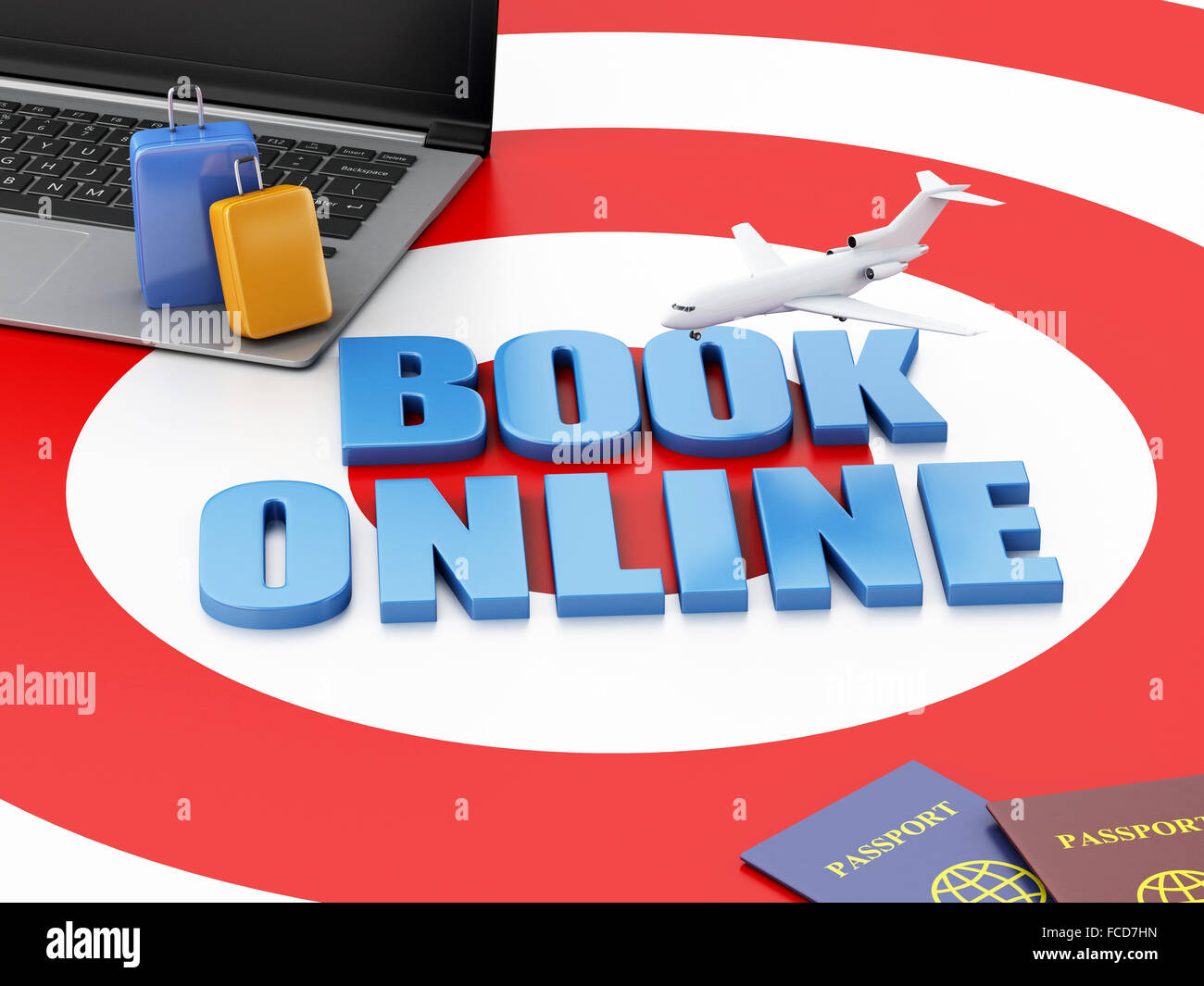 3d renderer illustration. Online booking concept. Laptop pc, airplane ...