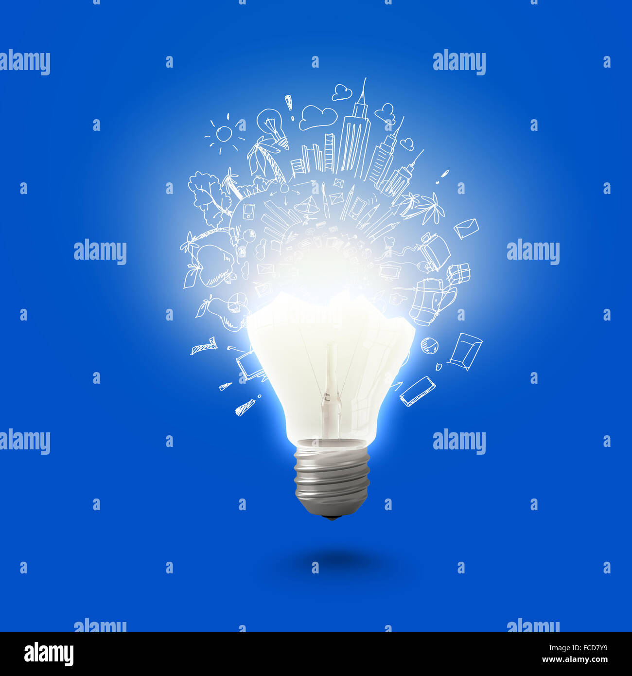 Conceptual image of electric bulb against blue background Stock Photo ...