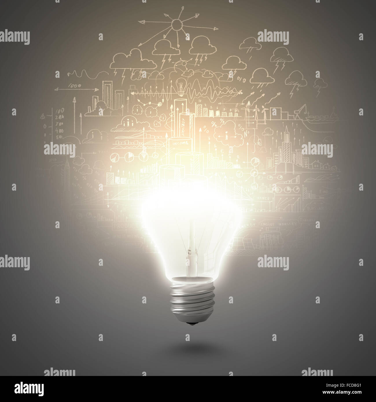 Conceptual image of electric bulb against grey background Stock Photo ...