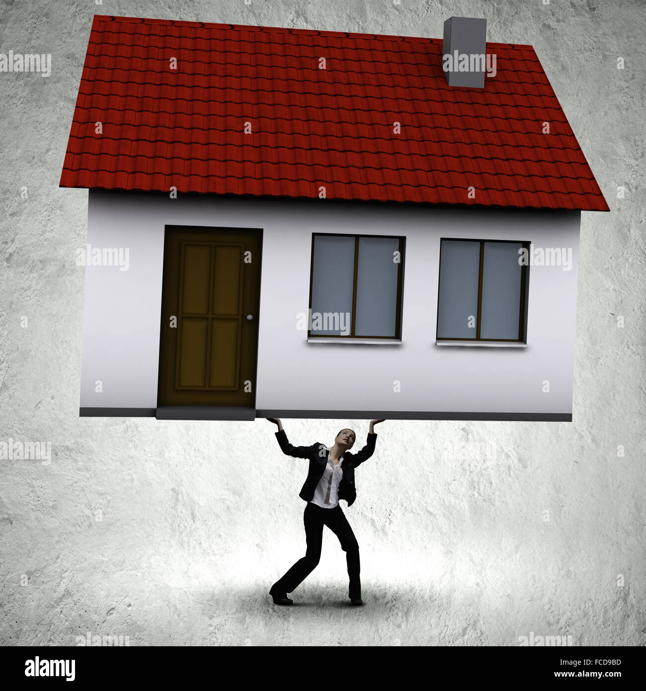 Young businesswoman lifting huge model of house above head Stock Photo ...