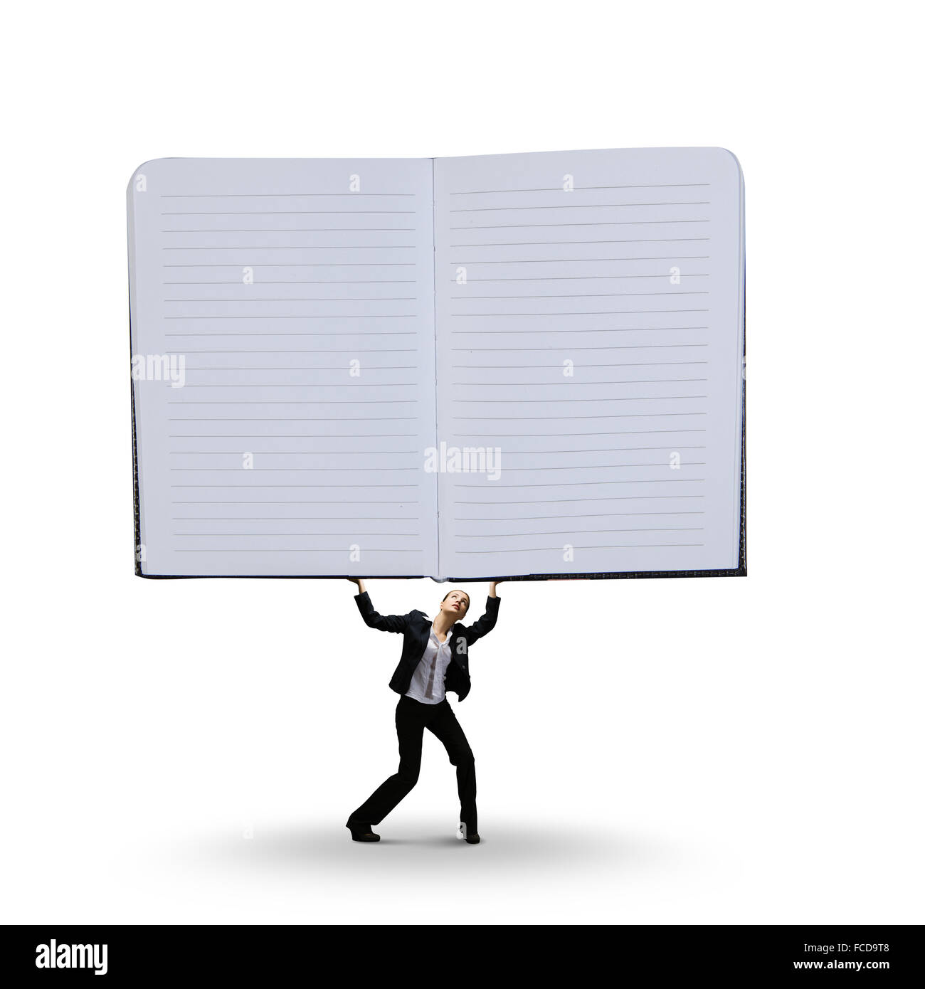 Young businesswoman lifting huge notepad above head Stock Photo - Alamy