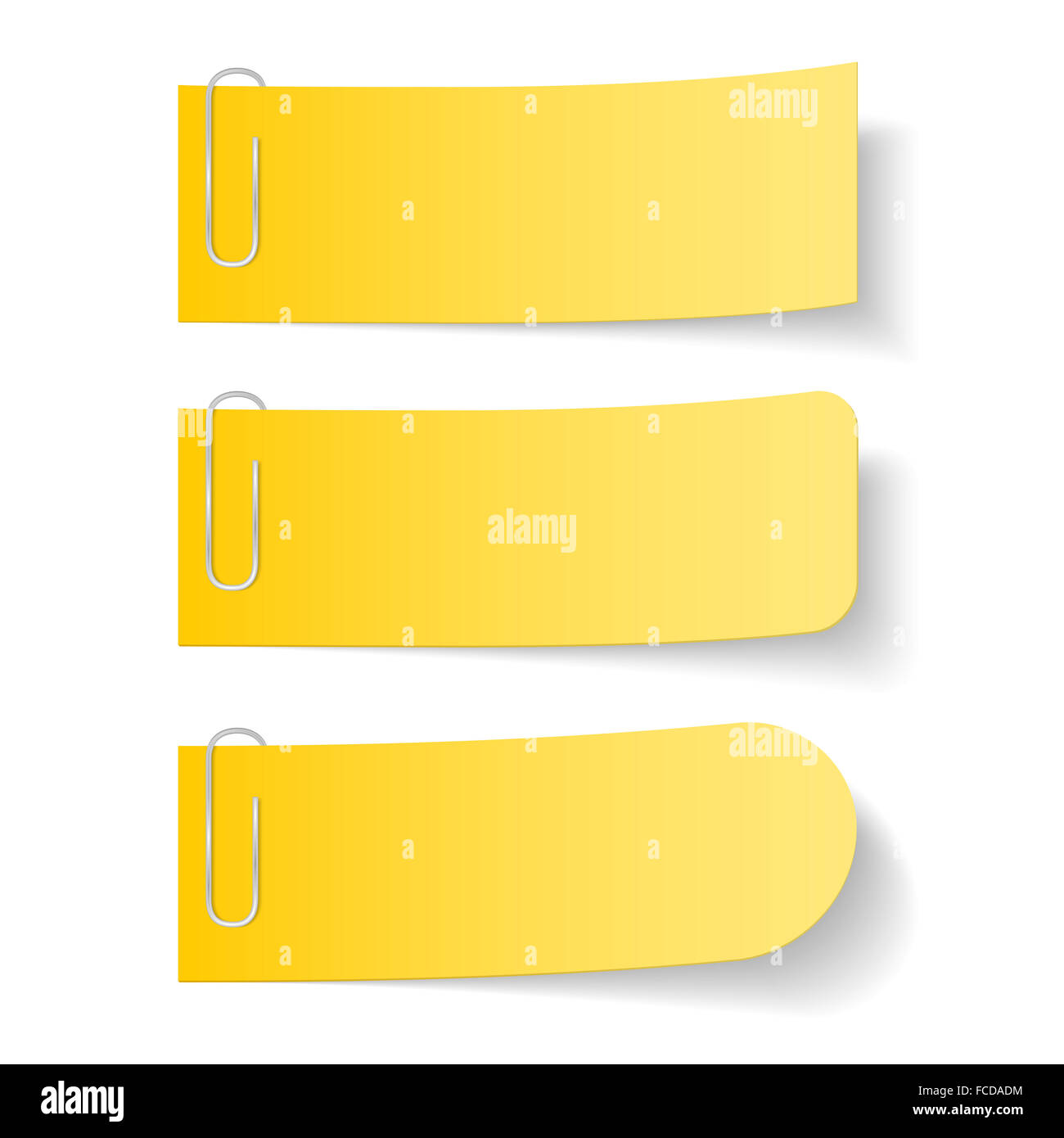 Three yellow paper notes with clips on white background Stock Photo - Alamy