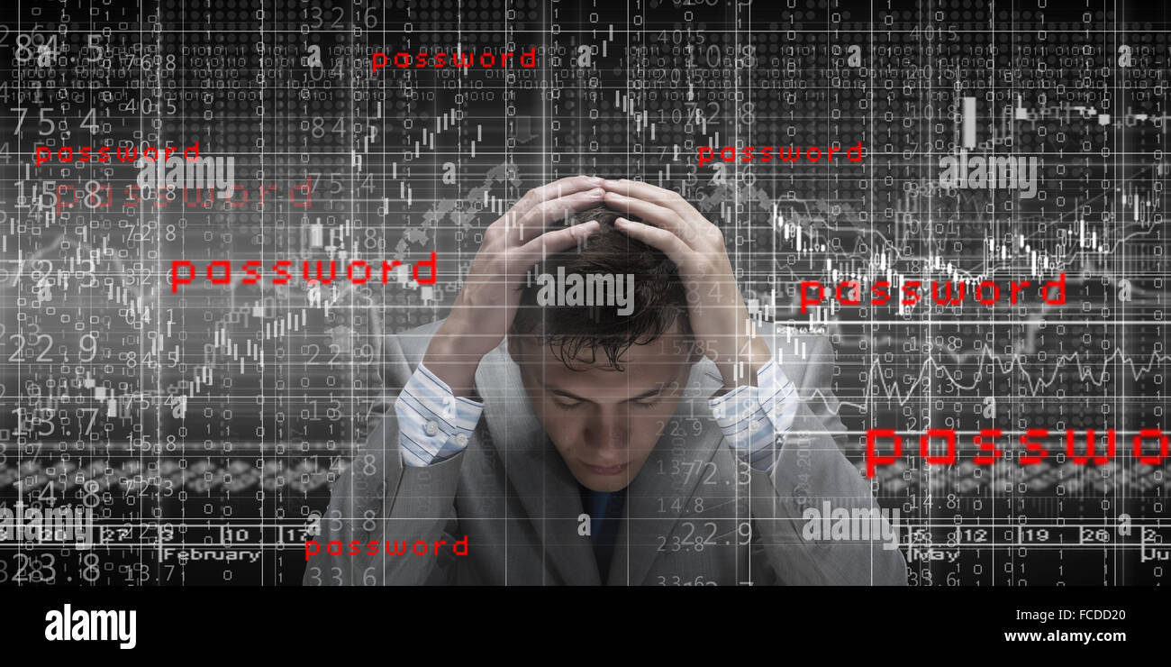 Conceptual image of troubled man against media screen with binary code ...