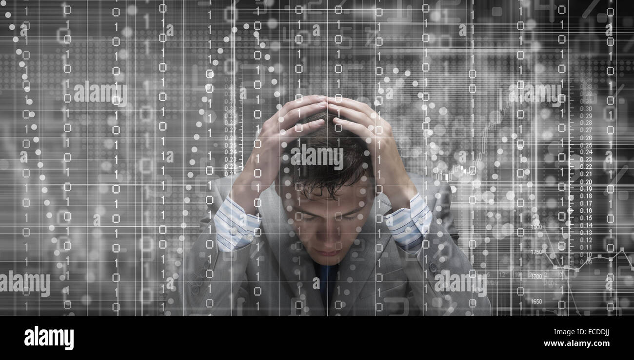 Conceptual image of troubled man against media screen with binary code ...