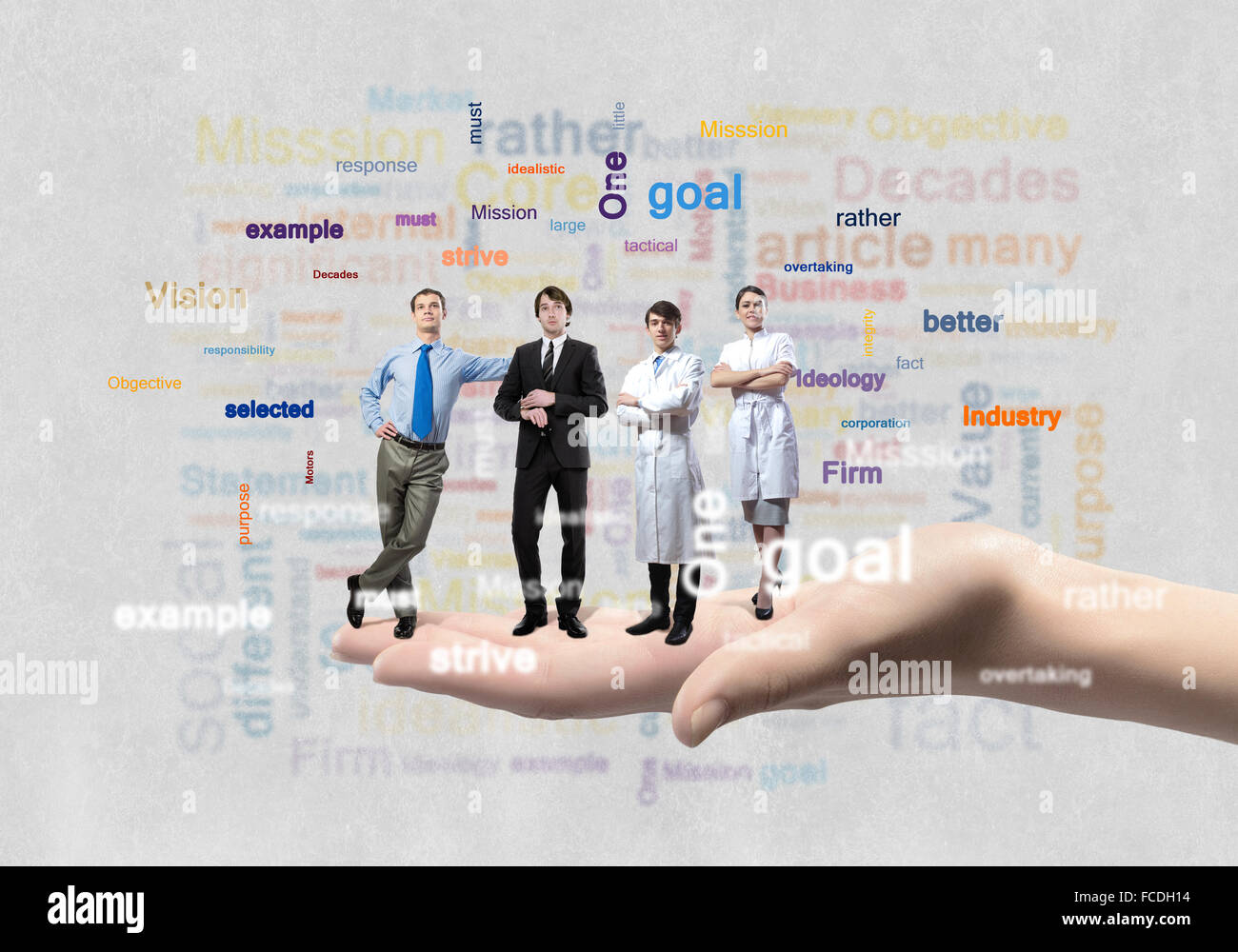 Business people of different professions standing on palm Stock Photo ...