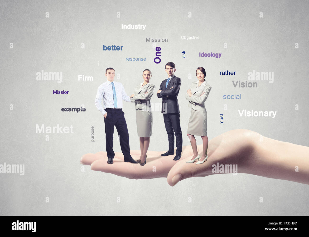 Business people of different professions standing on palm Stock Photo ...