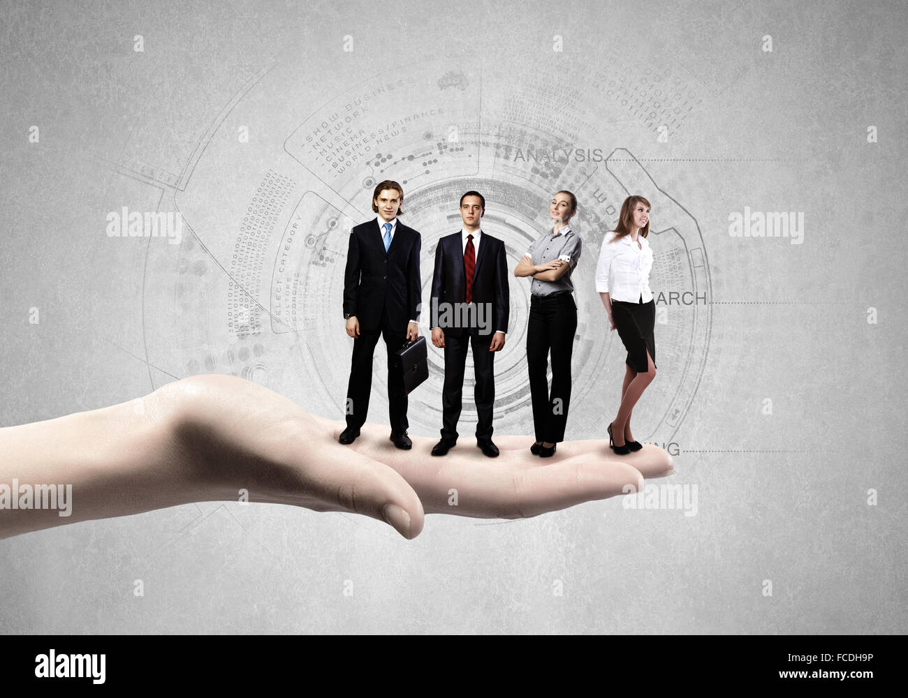 Business people of different professions standing on palm Stock Photo ...