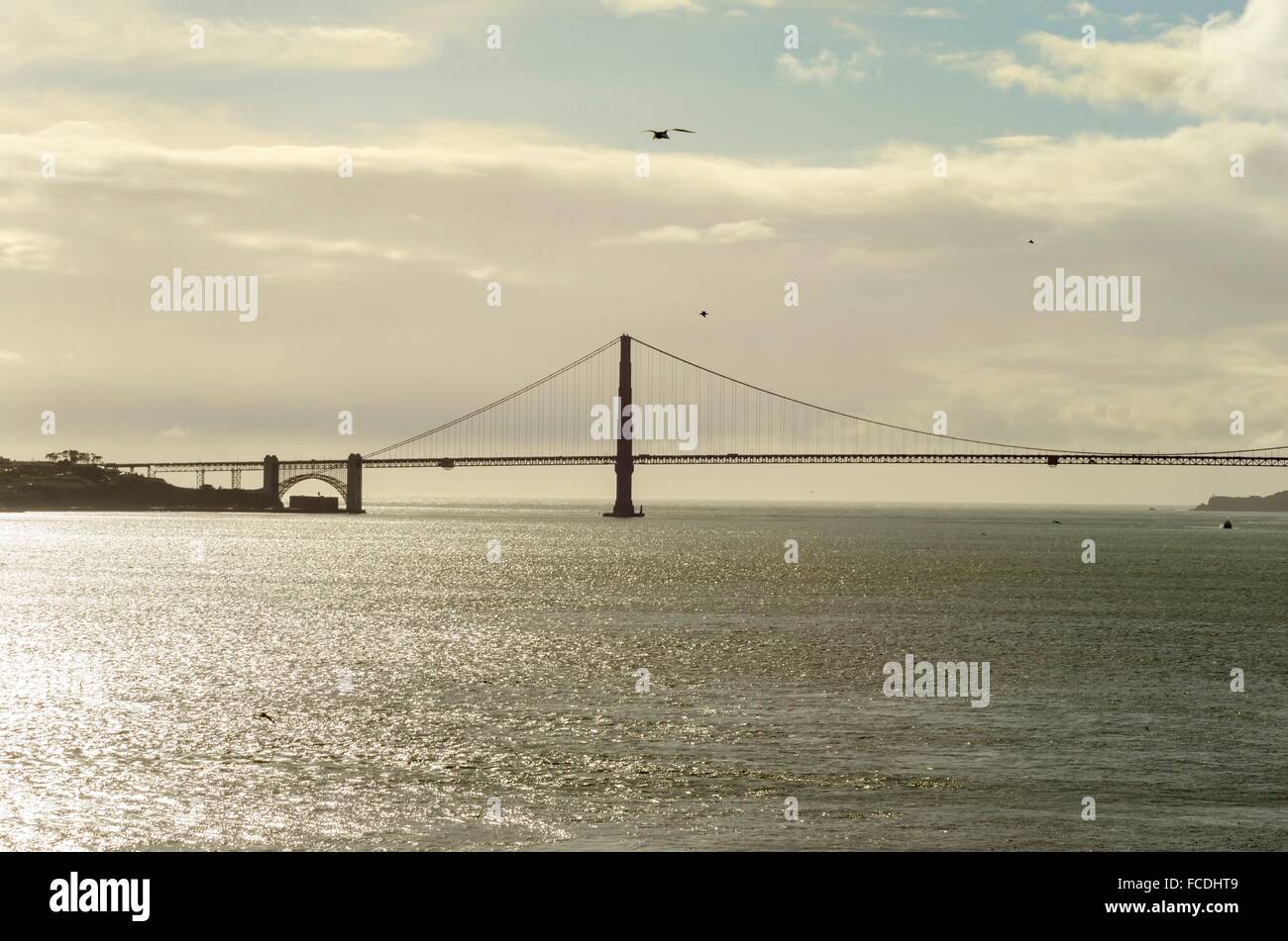 A side view of the famous San Francisco Golden Gate Bridge in ...
