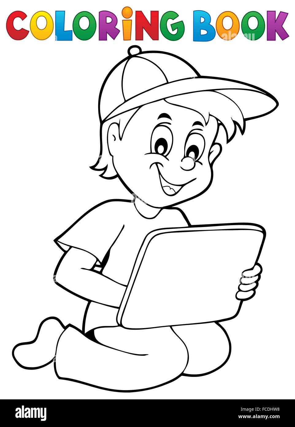 Coloring book boy playing with tablet - picture illustration Stock ...