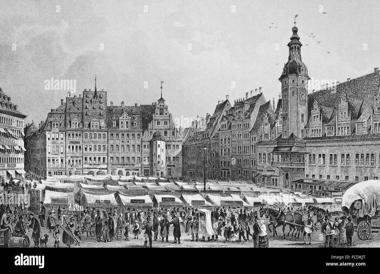 Historic cityscape, steel engraving, market square in Leipzig in 1850 ...