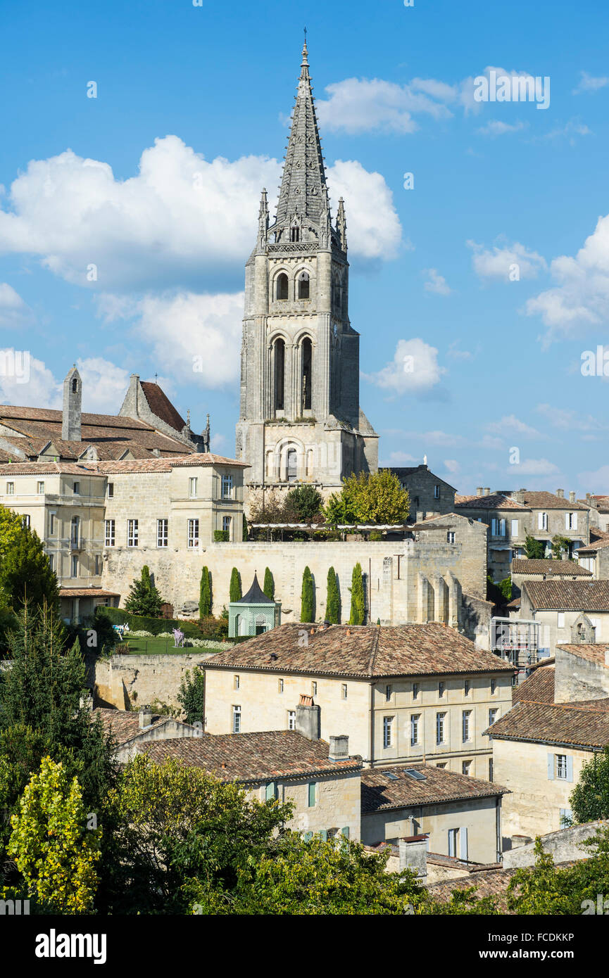 View across the historic centre with monolithic church, Saint Emilion ...