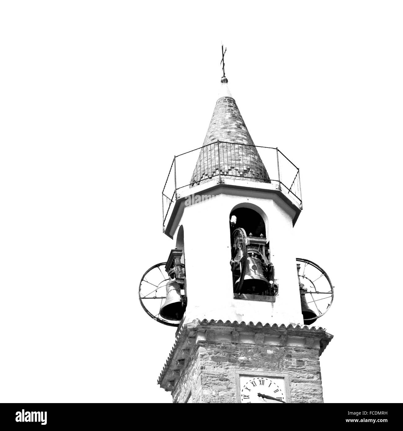 ancien clock tower in italy europe old stone and bell Stock Photo - Alamy