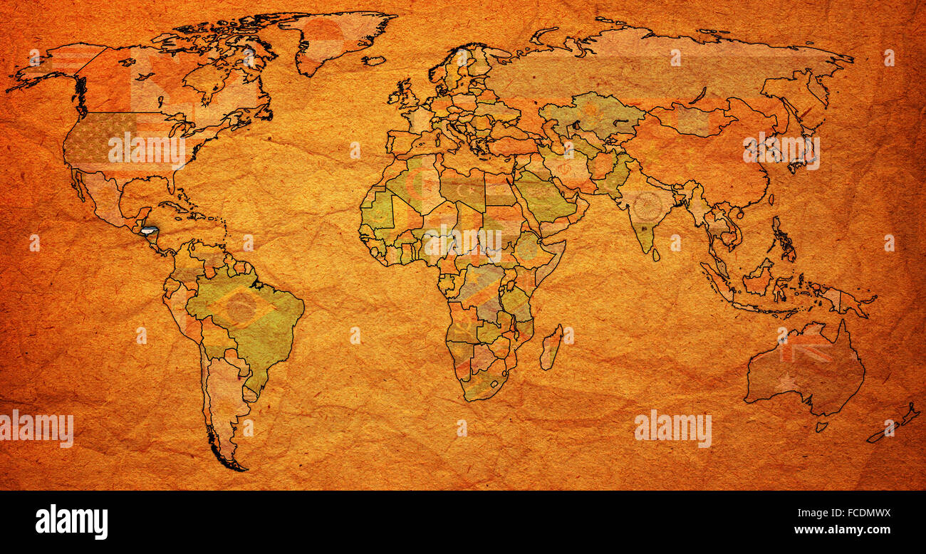 old vintage political world map with national flags Stock Photo - Alamy