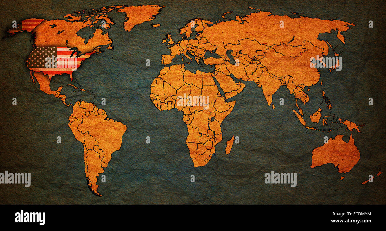 old vintage political world map with national flags Stock Photo - Alamy