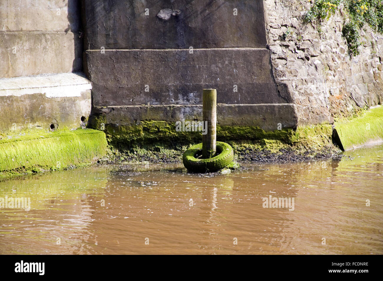 Tyre over post in river in Staithes Yorkshire Stock Photo - Alamy