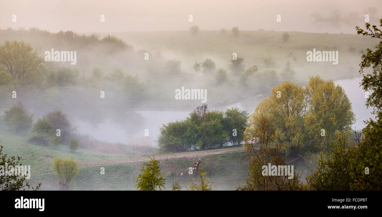 Netherlands, Rhenen, Nature reserve De Blauwe Kamer. Panoramic view ...