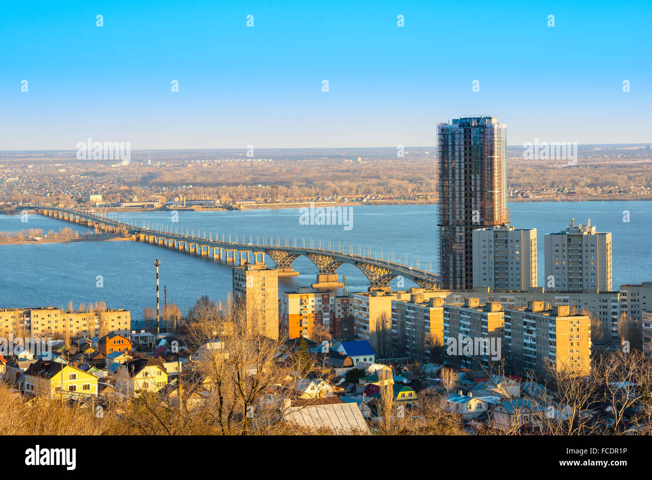 beautiful landscape of river Volga with bridge and view on Saratov and ...