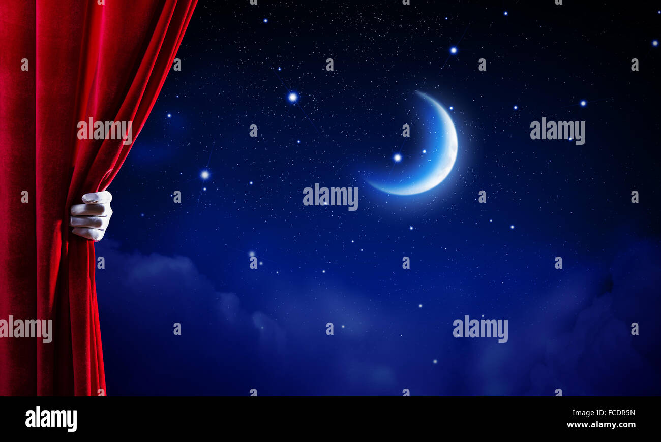 Human hand in white glove opening red velvet curtain Stock Photo - Alamy