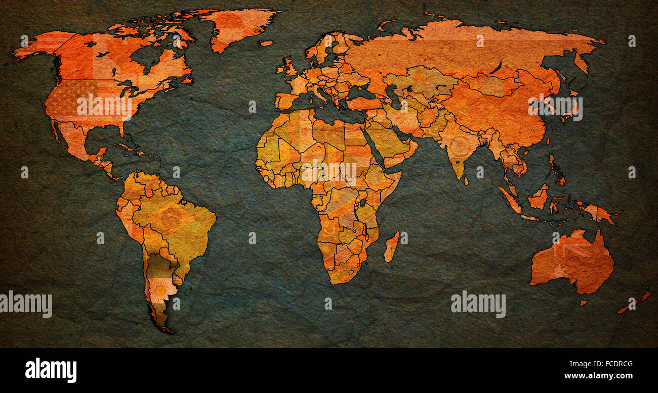 old vintage political world map with national flags Stock Photo - Alamy
