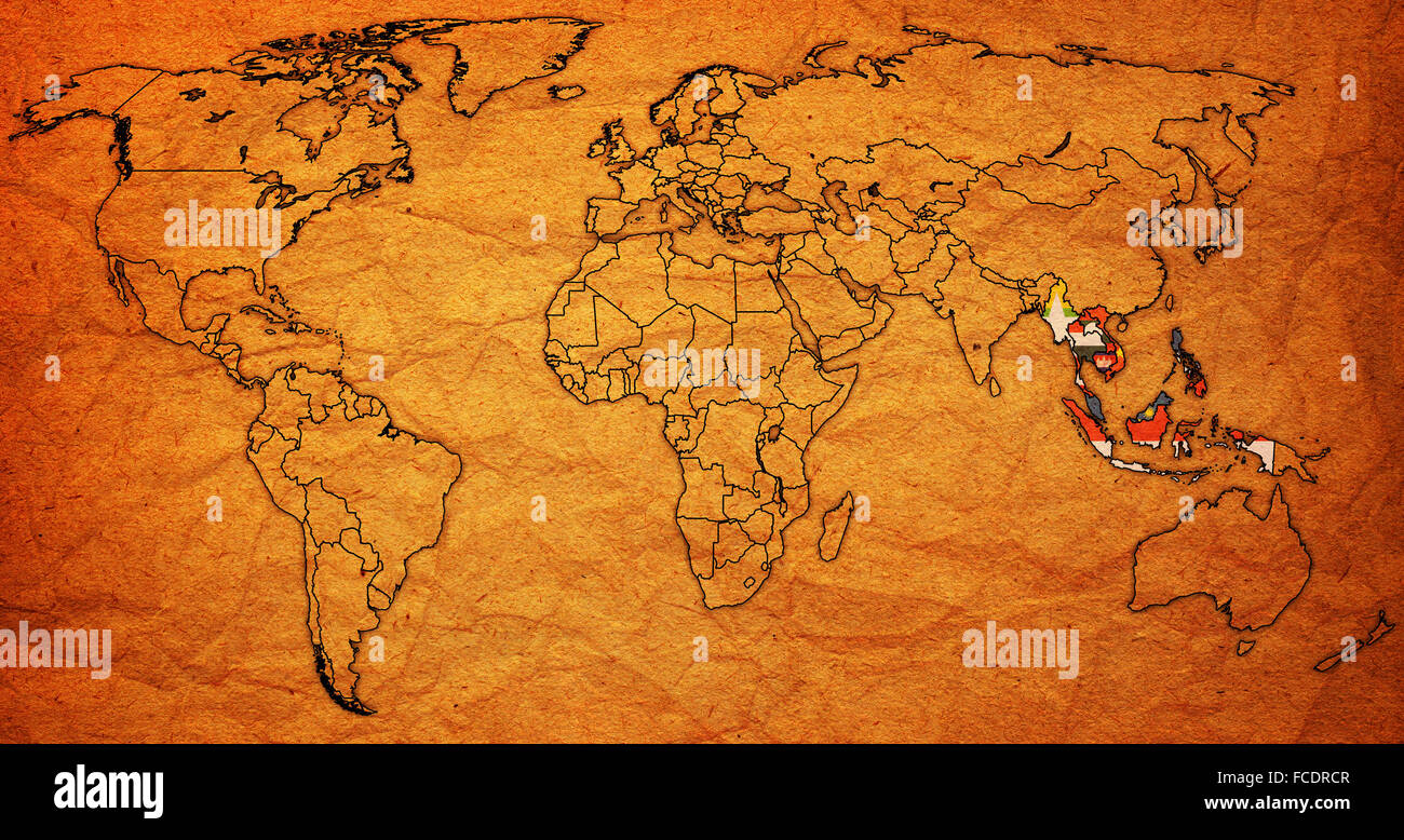 old vintage political world map with national flags Stock Photo - Alamy