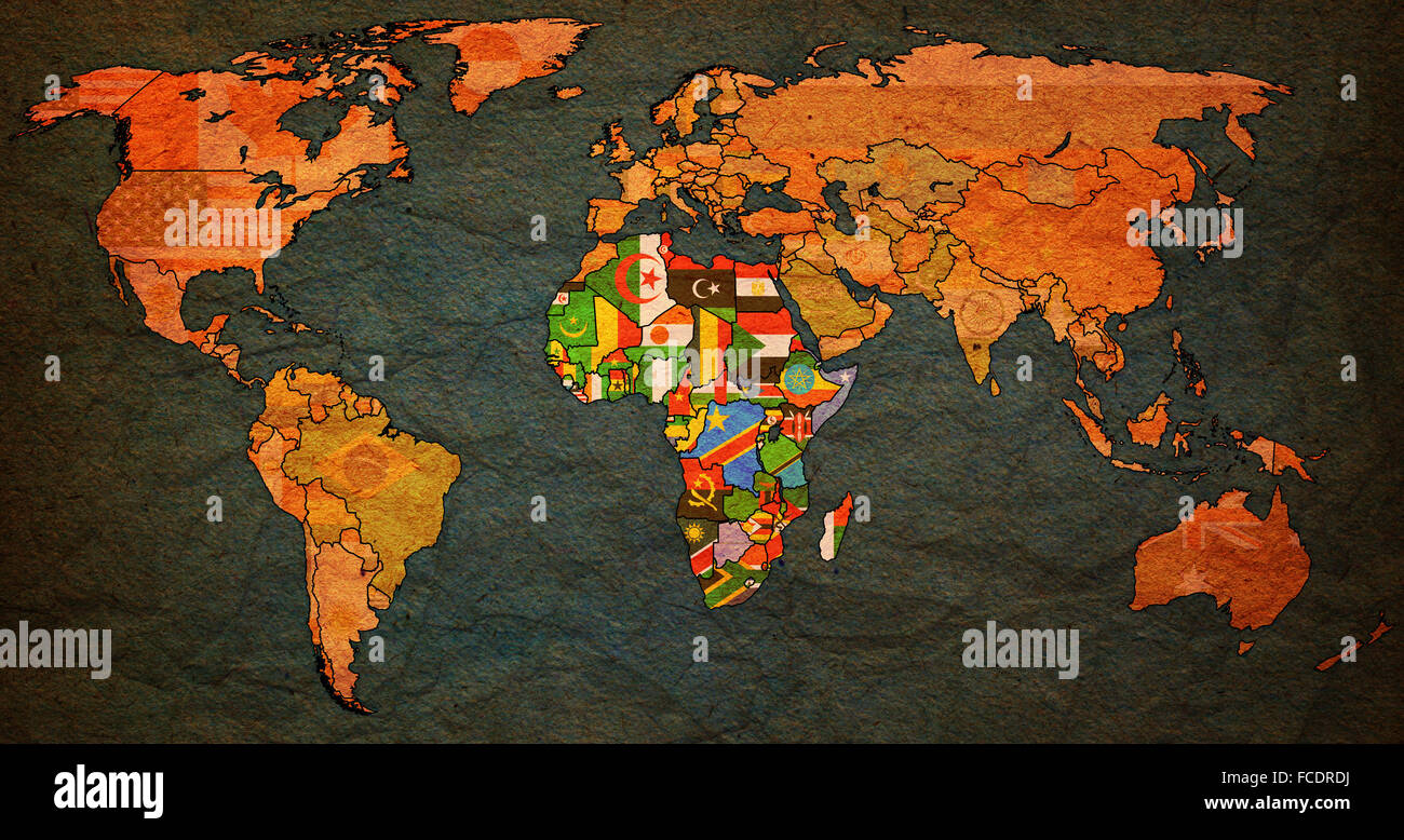 old vintage political map of world with national flags Stock Photo - Alamy