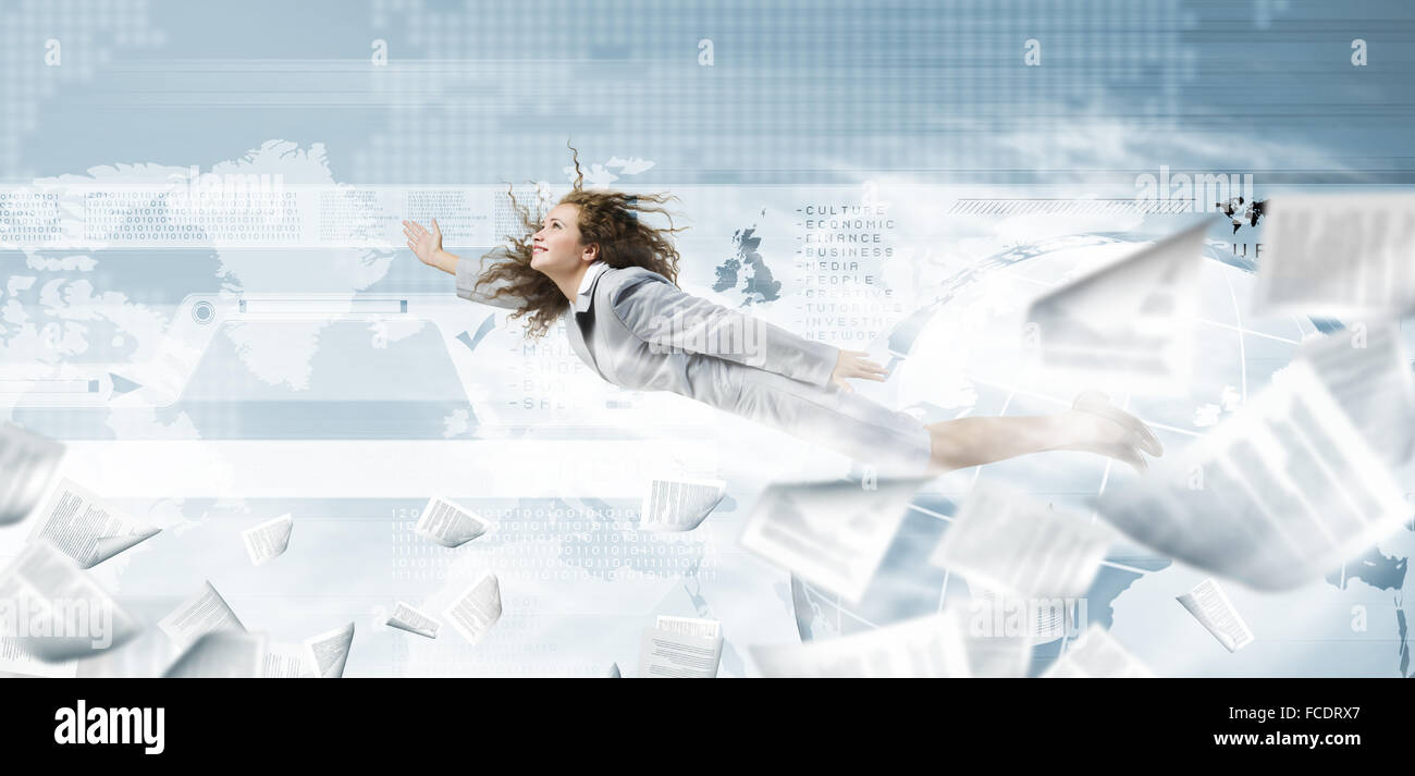 Young happy businesswoman flying high in sky Stock Photo - Alamy