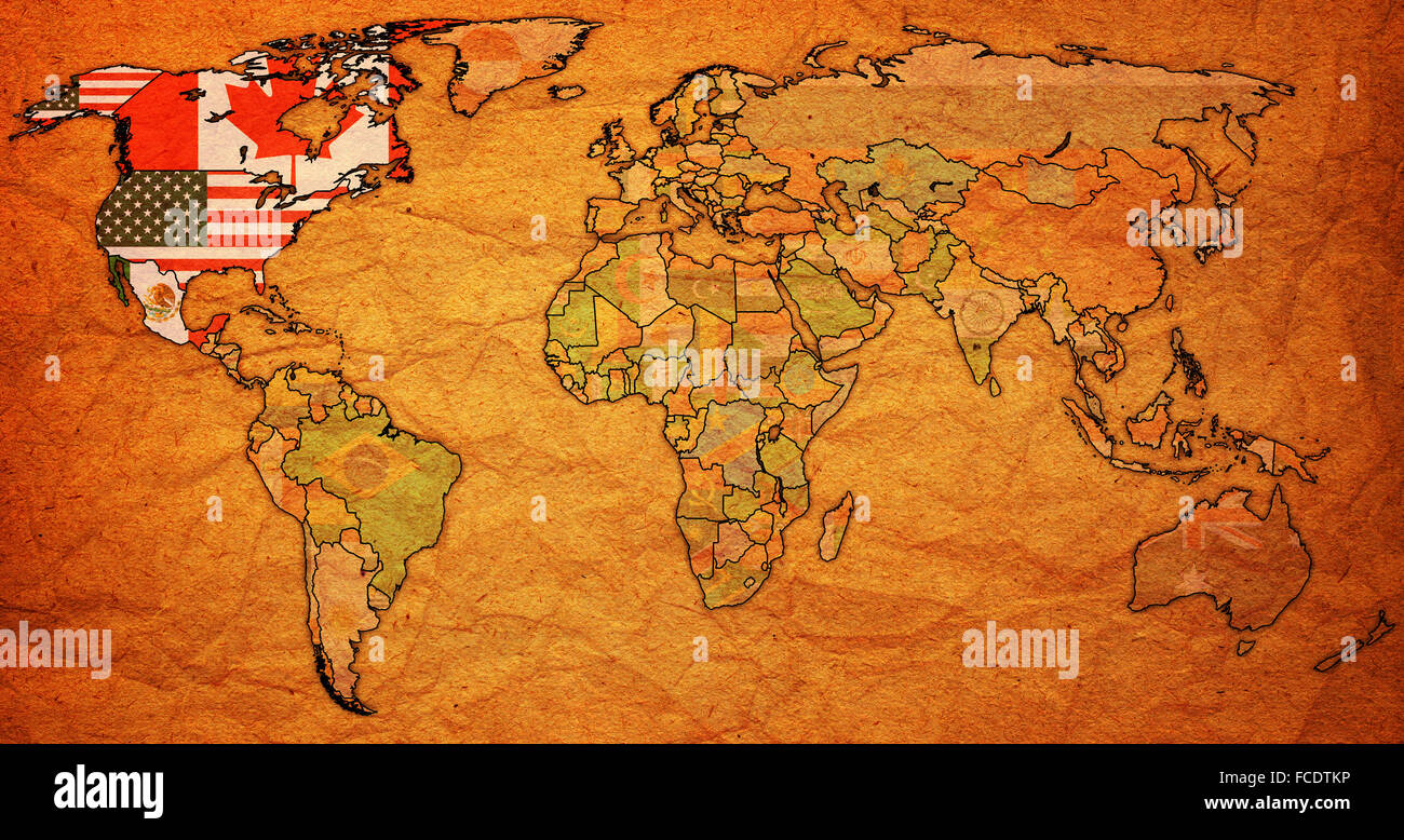 North American Free Trade Agreement on world map with national borders ...