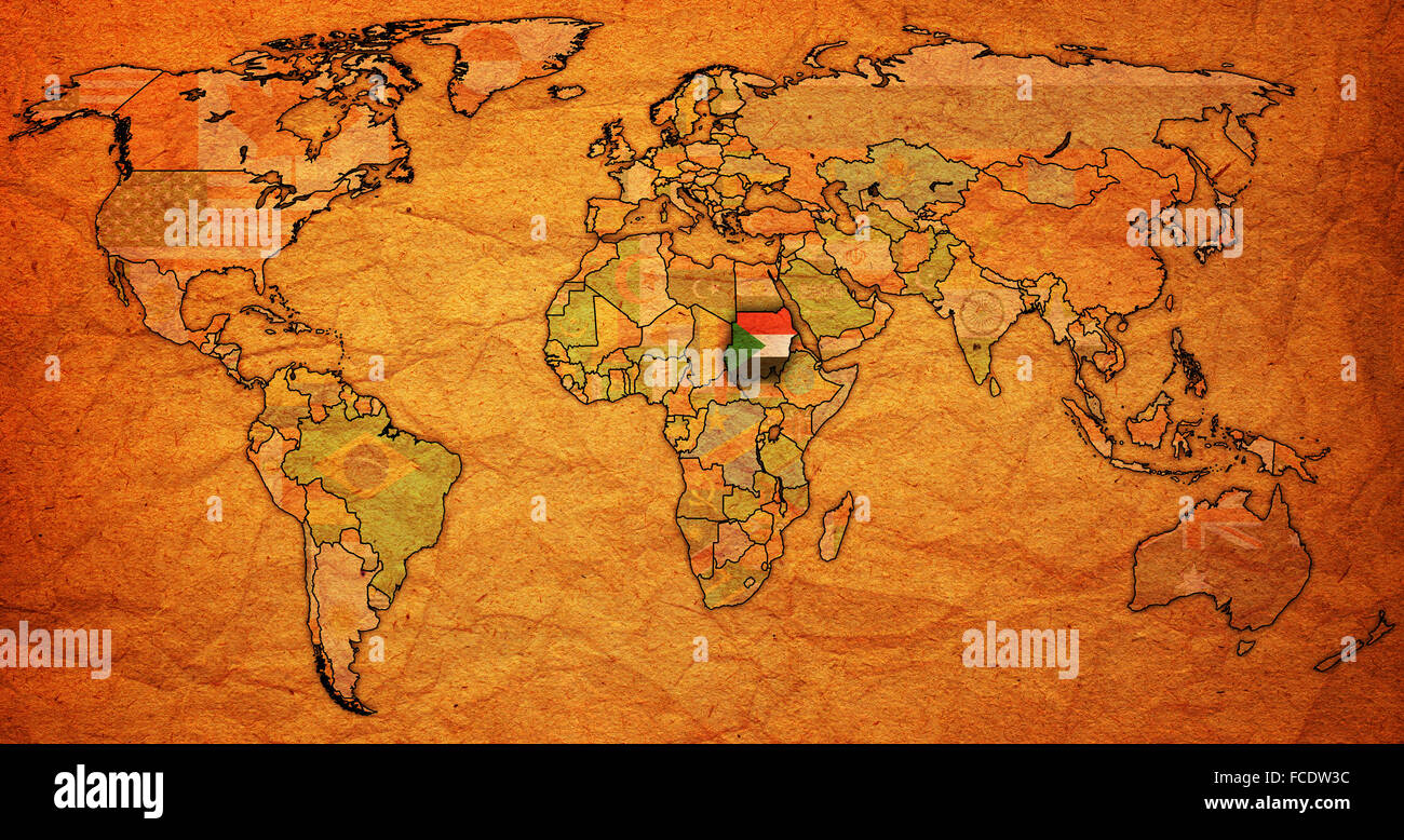 sudan flag on old vintage world map with national borders Stock Photo ...