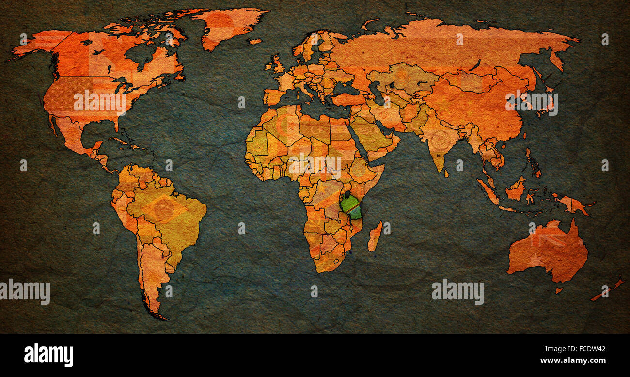 tanzania flag on old vintage world map with national borders Stock ...