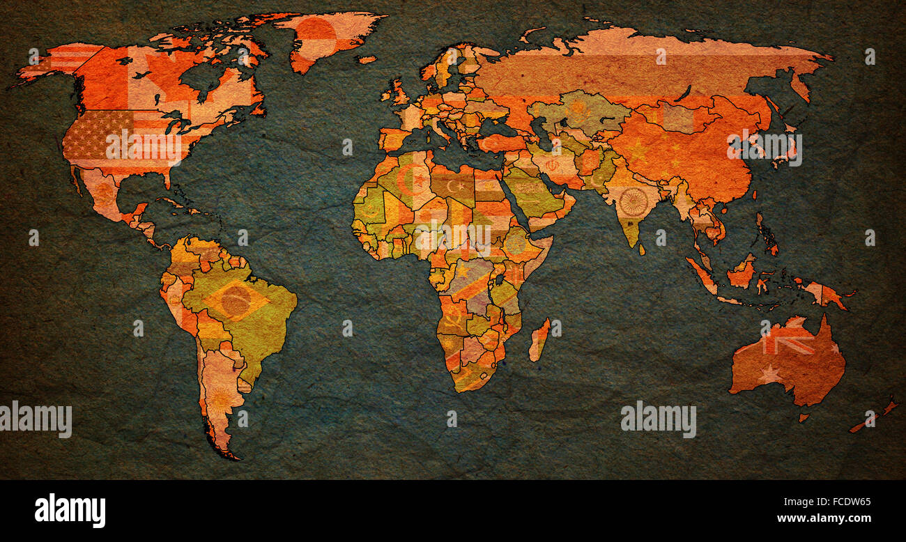 flags on old vintage world map with national borders Stock Photo - Alamy