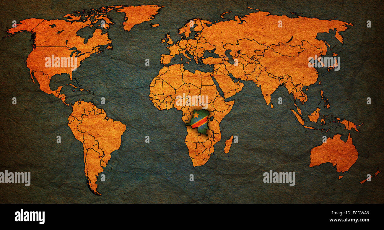 democratic republic of congo flag on old vintage world map with ...