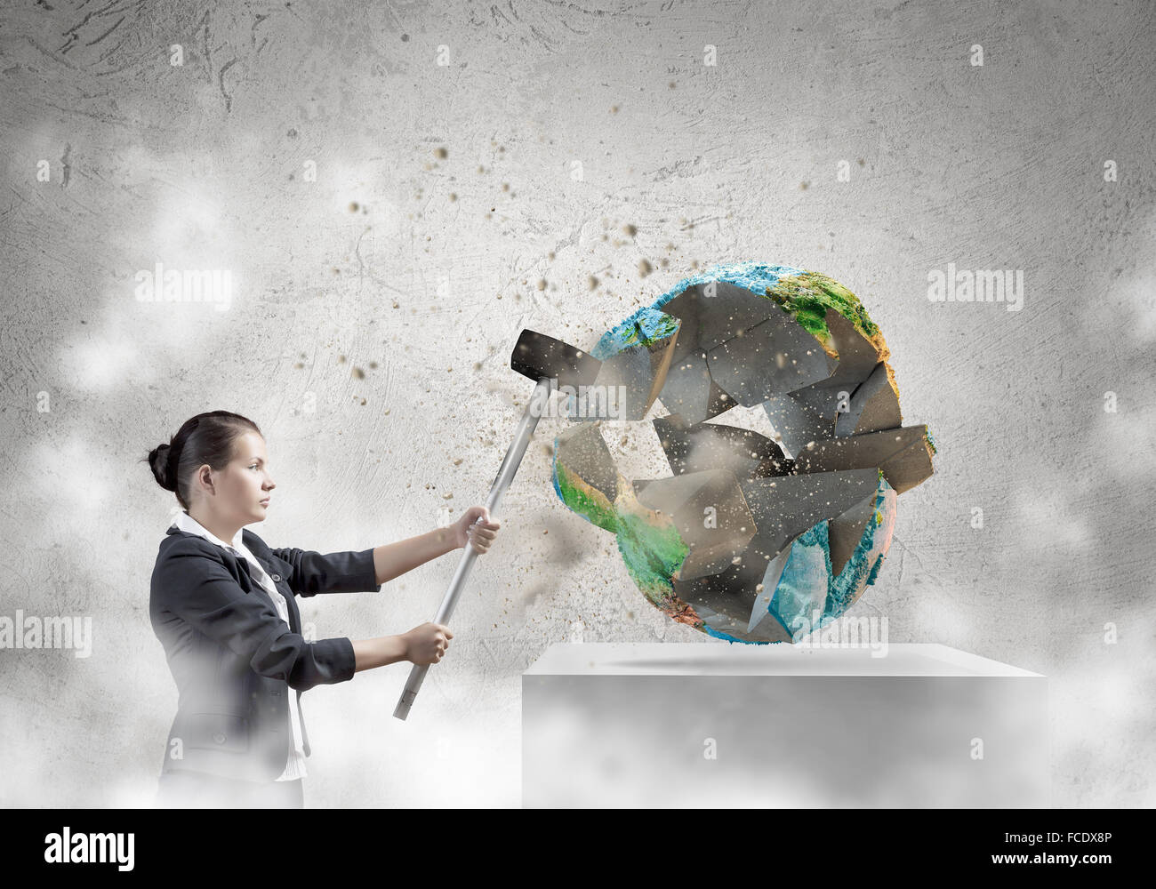 Businesswoman in anger crashing earth planet with hammer. Elements of ...