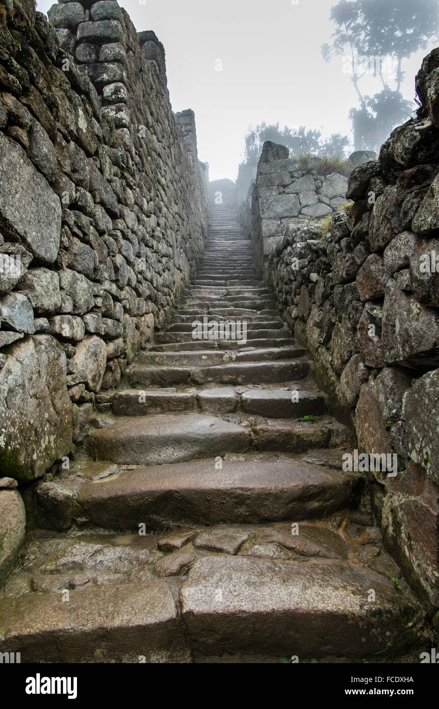 Archaeological site of Machu Picchu, Cusco, Peru. Stairs Hurin sector ...