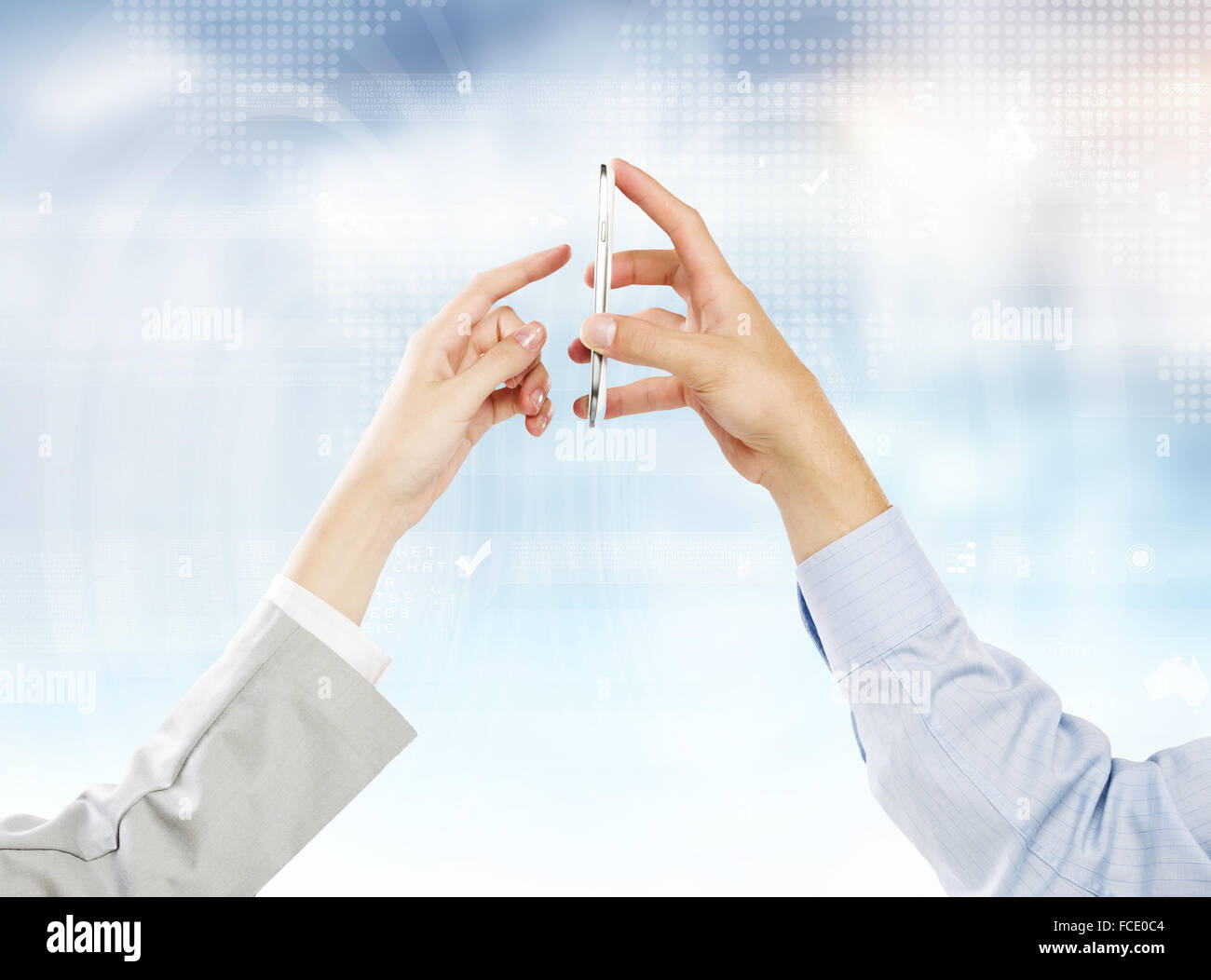 Two business people using one mobile phone at the same time Stock Photo ...